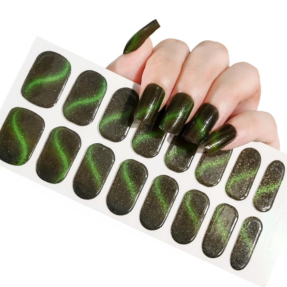 16 Fingers Semi-cured Gel Nail Wraps, New Shimmer Cat Eye Nail Stickers ...