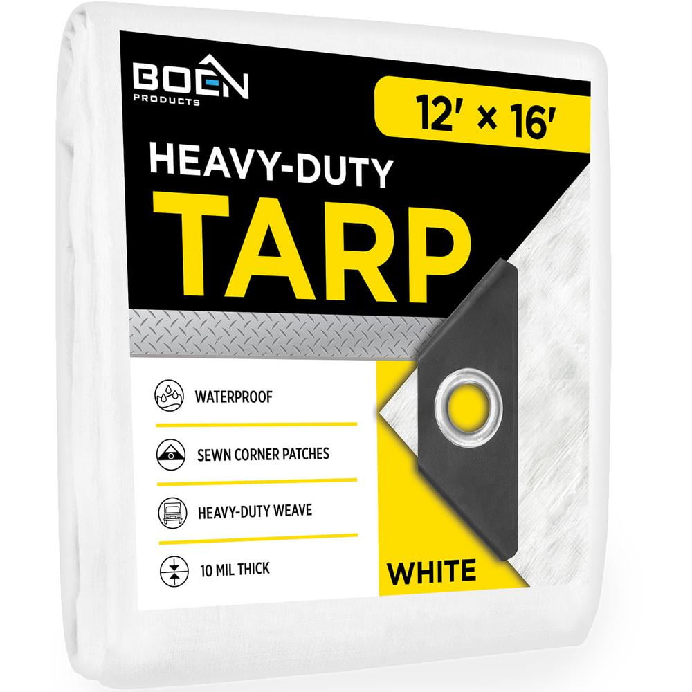 White Heavy Duty Tarp 12' x 16', 10 Mil Thickness, Rust-Proof Grommets ...