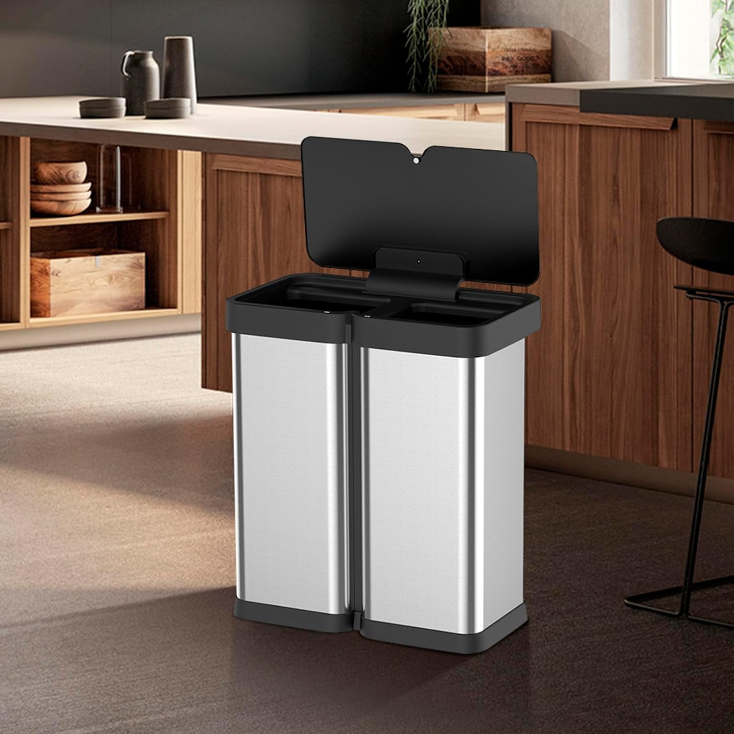 16 Gallon Automatic Trash Can, 30L+30L Stainless Steel Dual Garbage & Recycle Bin, Touchless ...