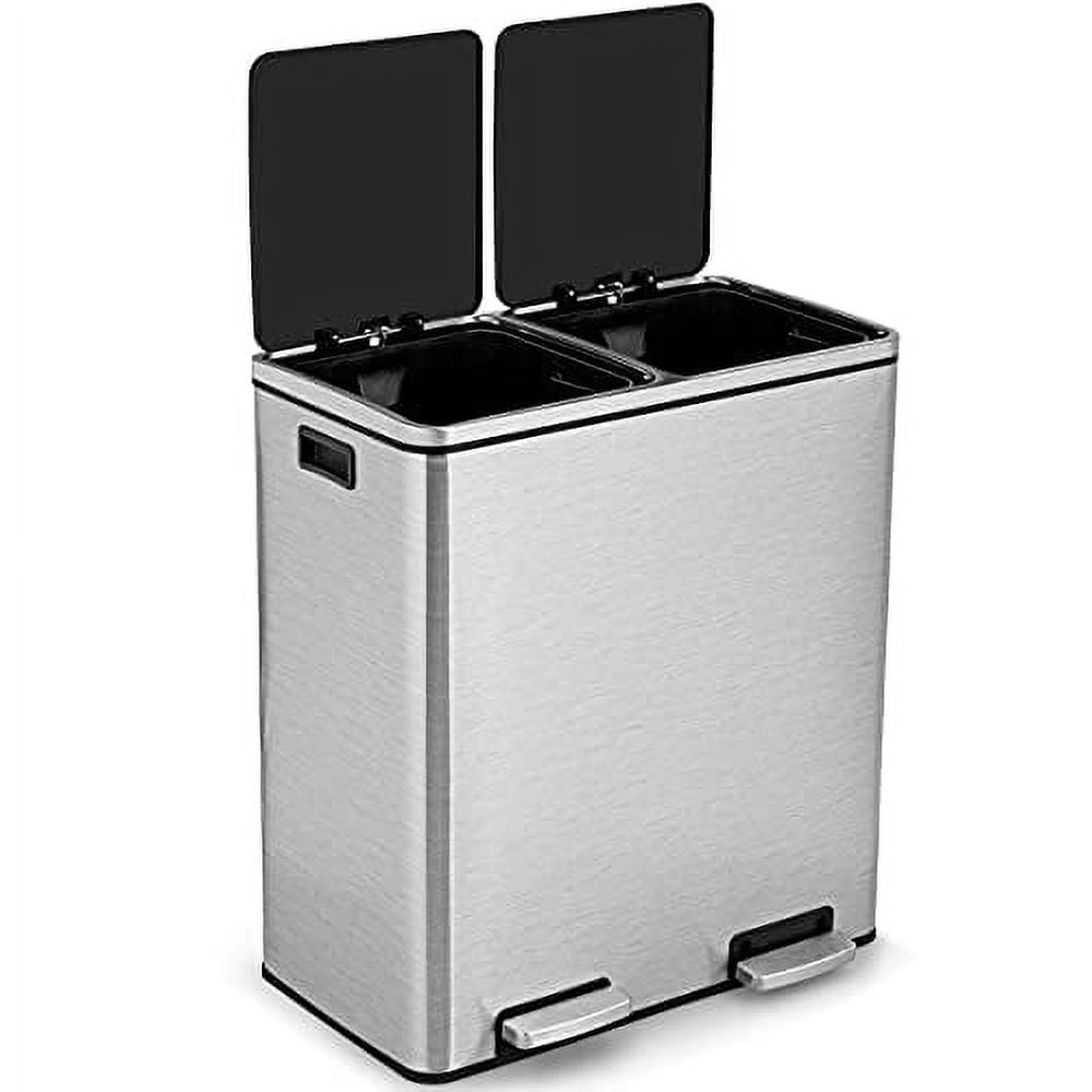 16 Gallon Dual Trash Can, Metal Step Trash Can, Stainless Steel ...