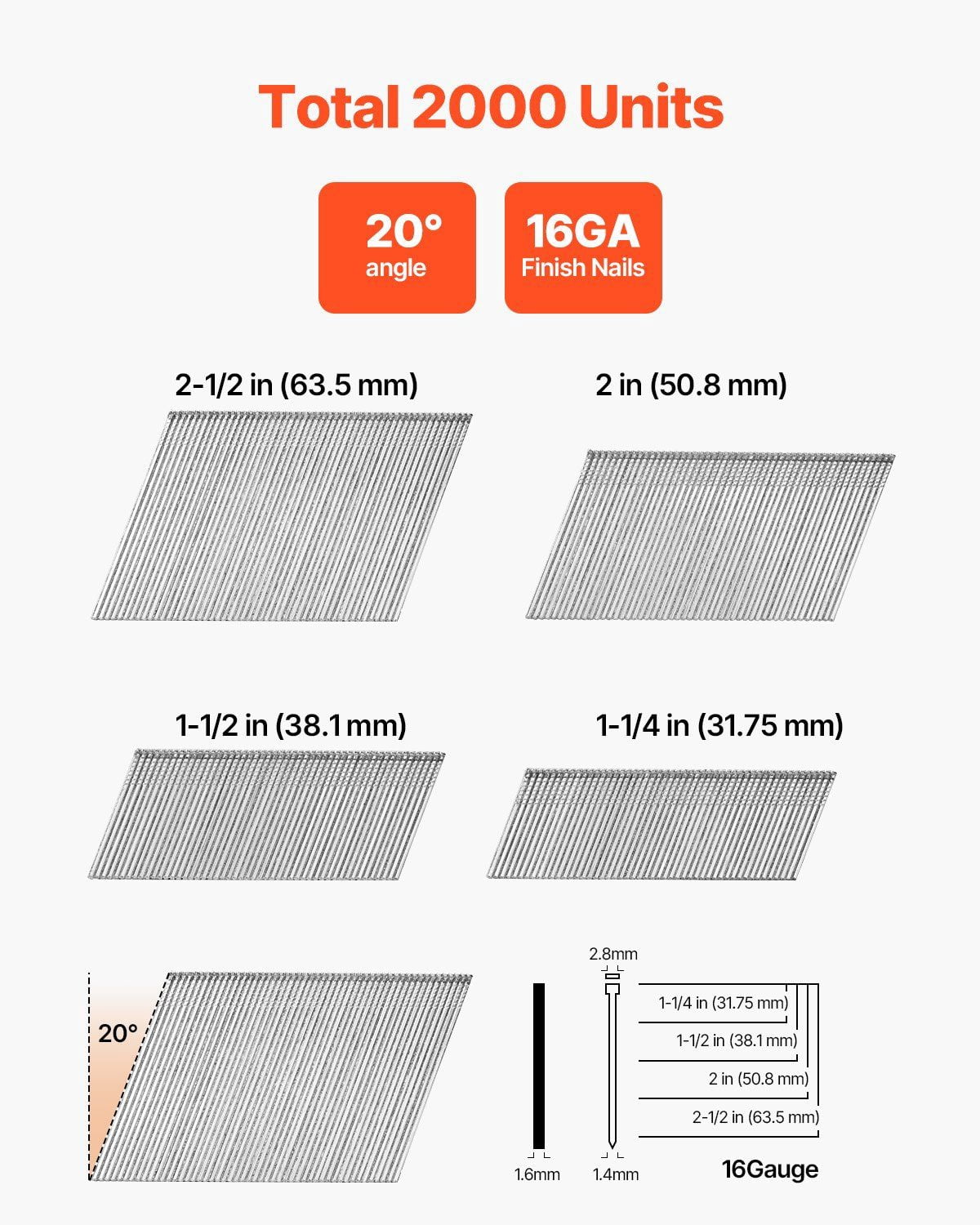 16 Gauge Angled Finish Nails 2000 Pcs – 4 Sizes (1-1/4" to 2-1/2") for ...