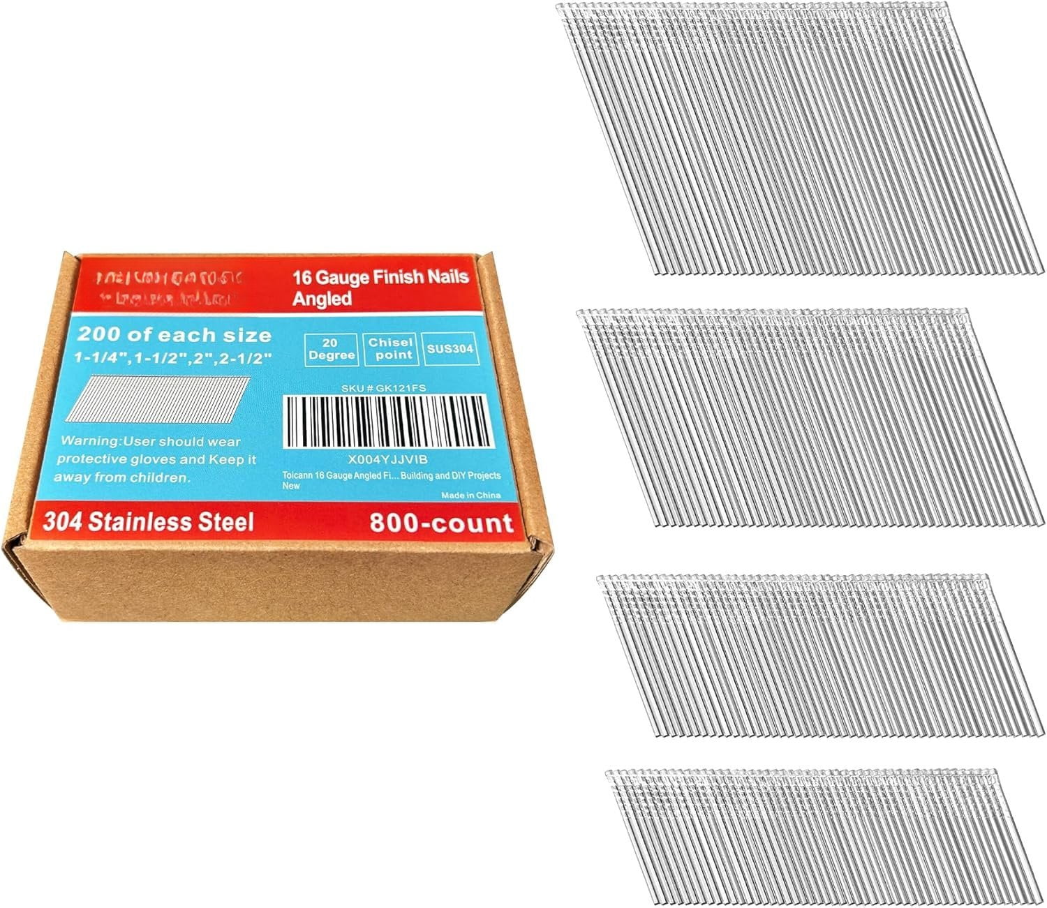 16 Gauge Angled Finish Nails 304 Stainless Steel 1-1/4~2-1/2" 20 ...