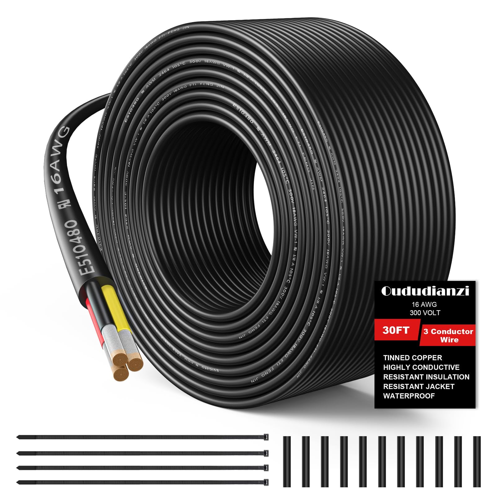 16 Gauge Electrical Wire 3 Conductor 30Ft, Tinned Copper Stranded ...