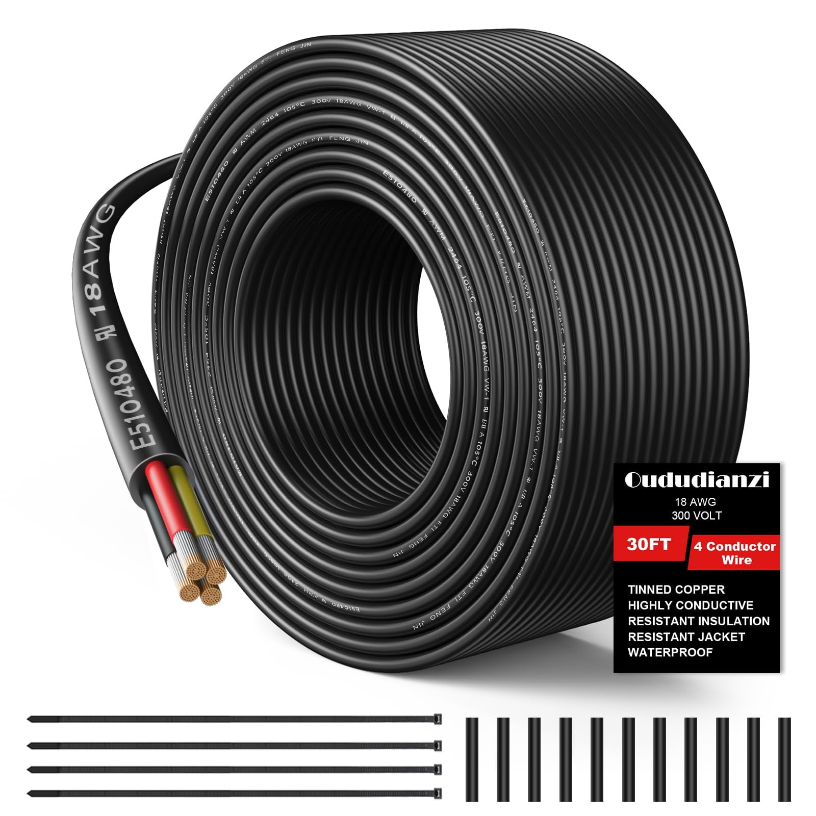 16 Gauge Electrical Wire 4 Conductor 30Ft, Tinned Copper Stranded ...