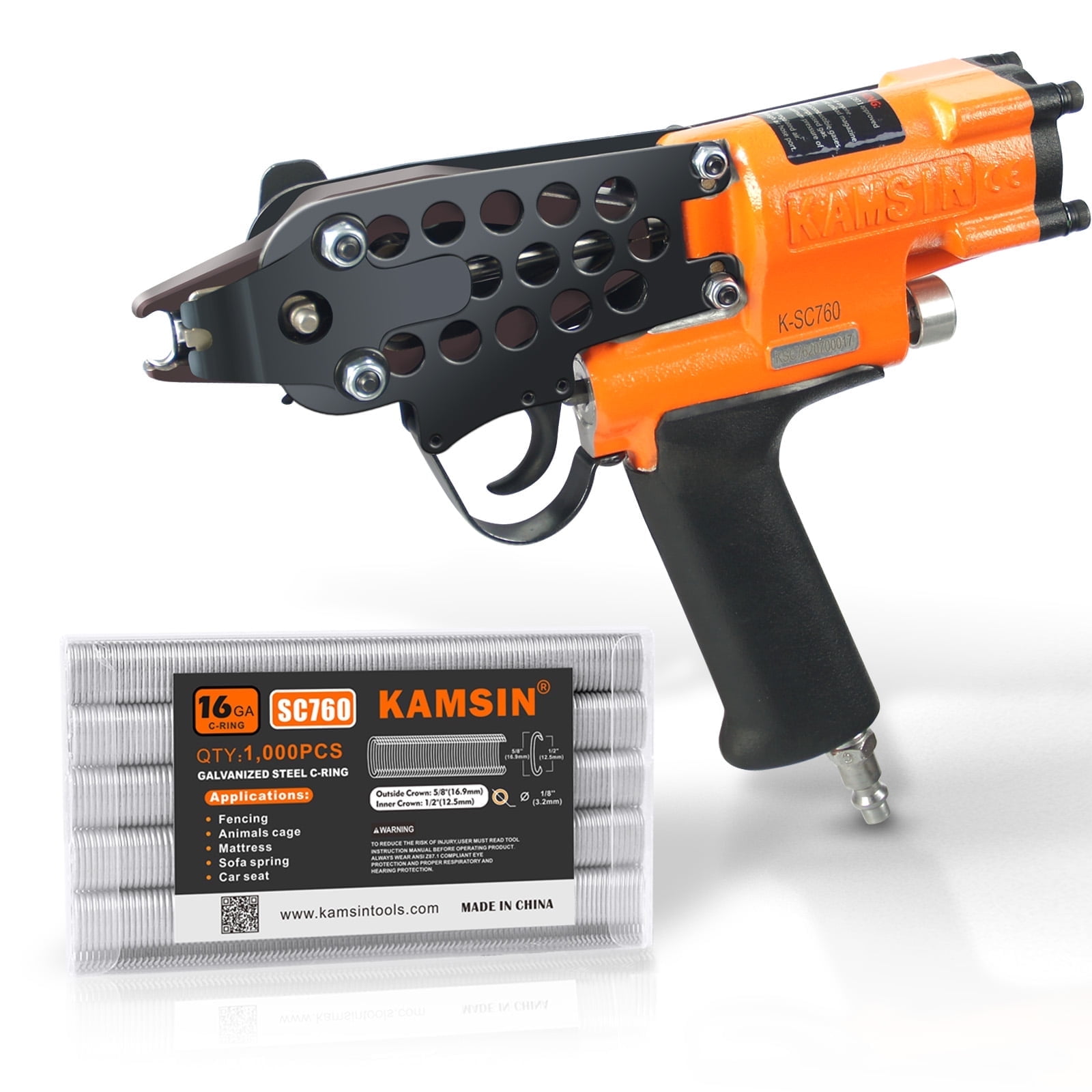 KAMSIN K-SC760 16 Gauge 1/2'' Pneumatic Hog Ring Gun Kit, with 1,000PCS ...
