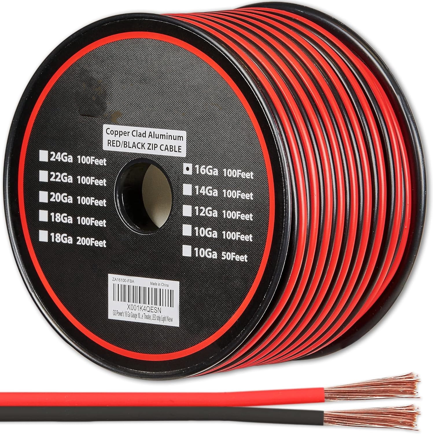 16 Gauge Stranded Copper Clad Aluminum 100ft Red / 100ft Black Bonded ...