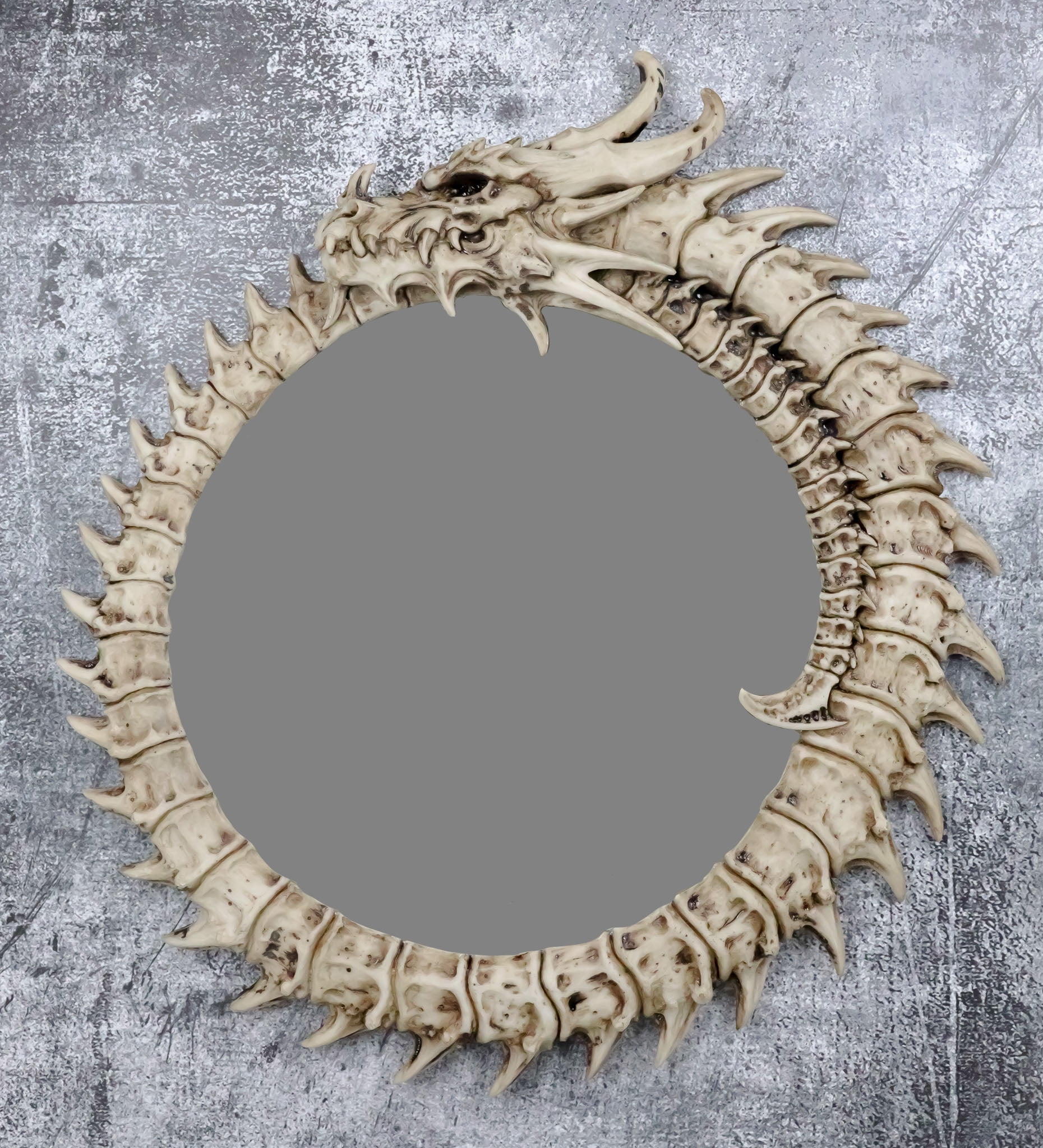 16"H Gothic Spiked Skeleton Skeletal Bone Dragon Round Wall Mirror ...