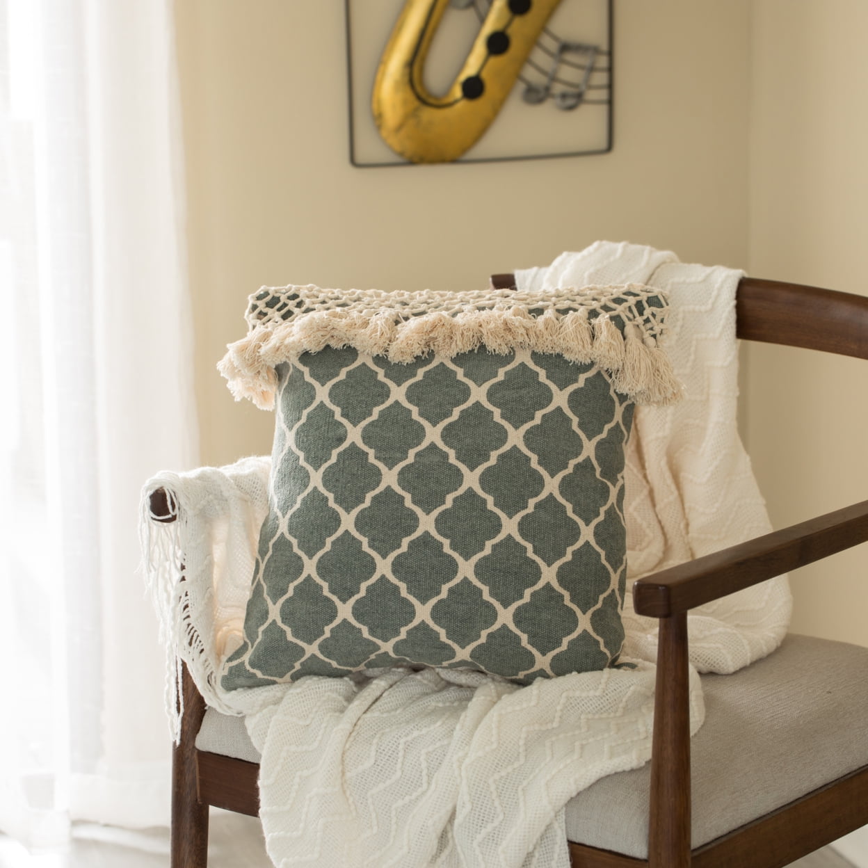 16" Handwoven Cotton Throw Pillow Cover with Ogee Pattern and Tasseled ...