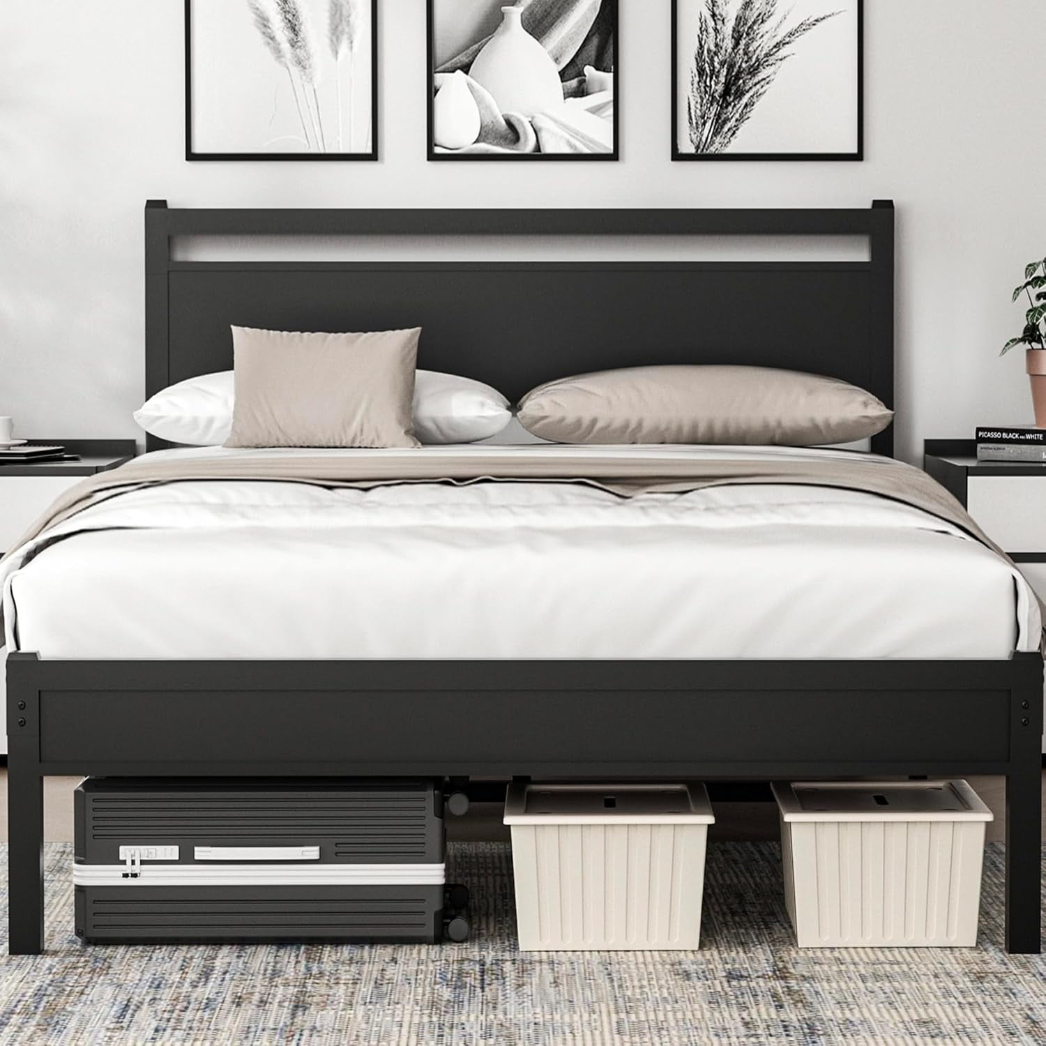 16" High Queen Size Metal Bed Frame with Modern Wooden Footboard ...