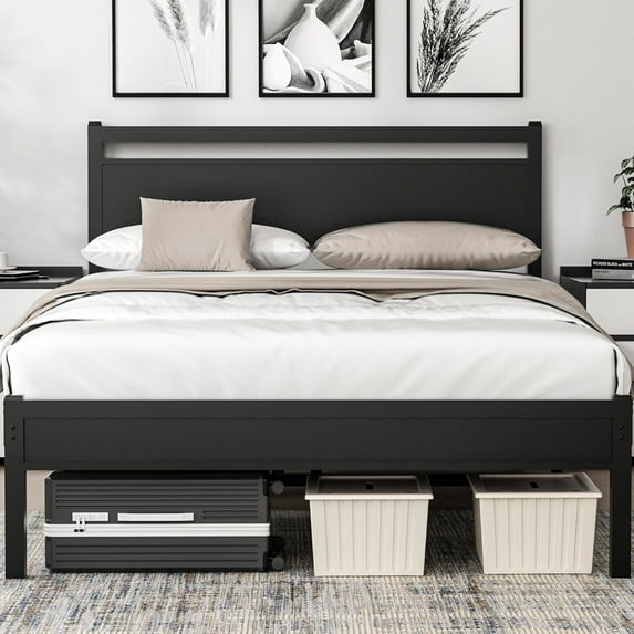 16" High Queen Size Metal Bed Frame with Modern Wooden Footboard ...