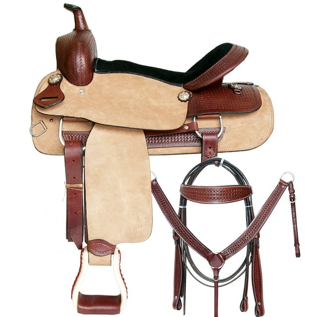 16 In Western Horse Ranch Roping Cowboy Saddle Genuine Leather Tack Set ...