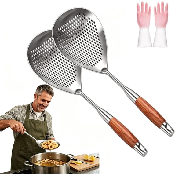16 Inch 304 Stainless Steel Slotted Spoon Long Wooden Handle Hanging ...