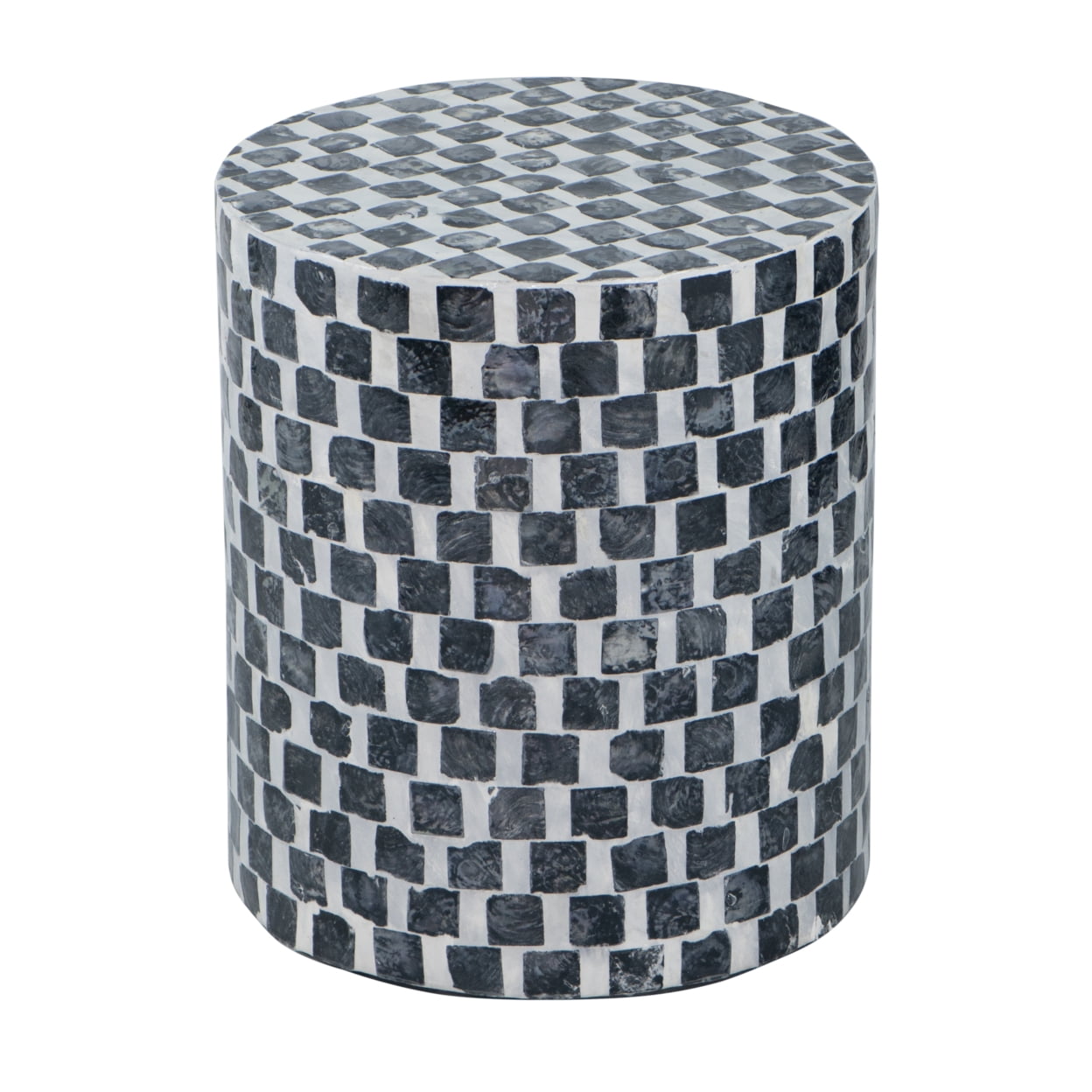 16 Inch Accent Stool Table, Drum Shape, Wood With Mosaic, White, Black ...