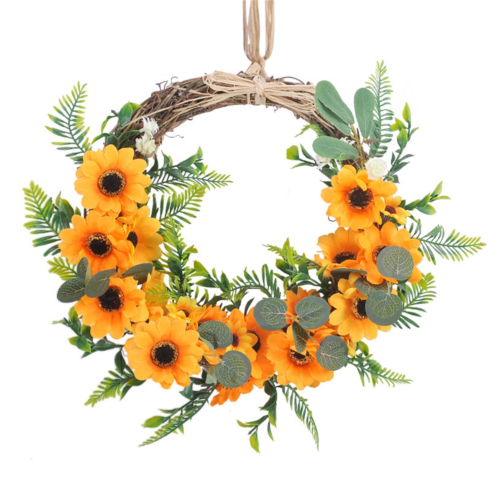 16 Inch Artificial Sunflower Wreath with Green Leaves Spring Summer ...