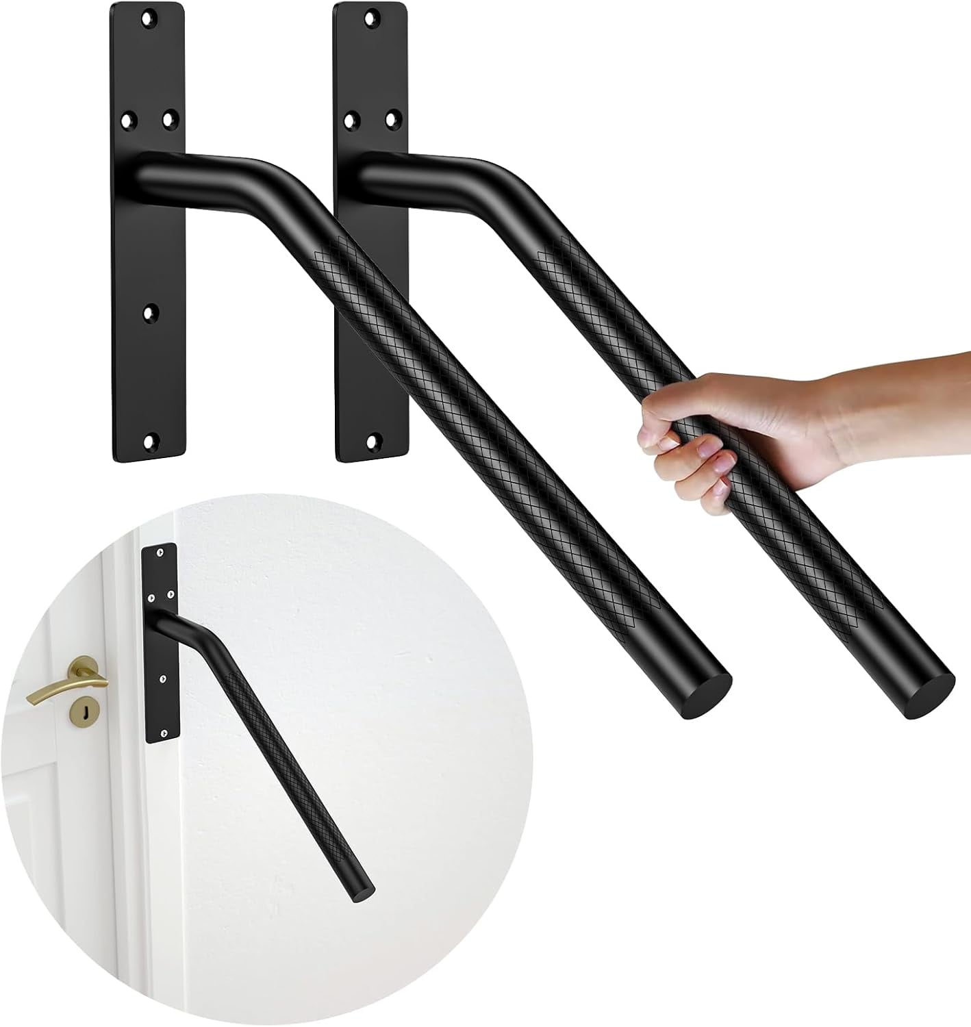 16 Inch Black 1-3 Step Handrail w/Anti- Slip Knurled Grip, 2 Pack ...