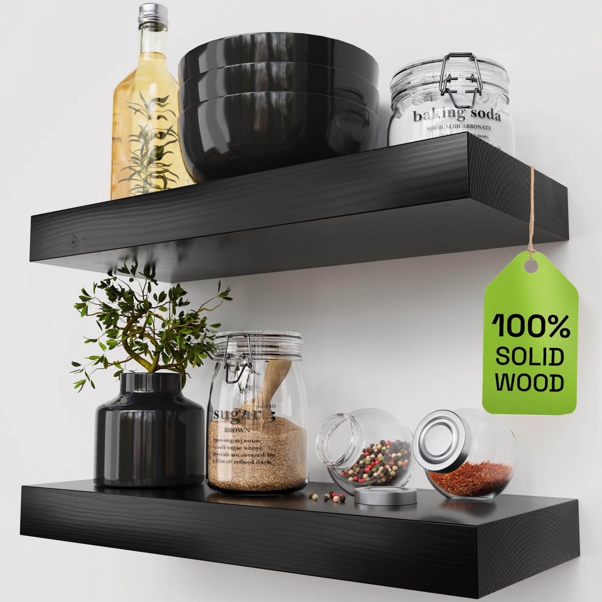 16 Inch Black Solid Pine Floating Wall Shelves Set of 2 for Bedroom ...