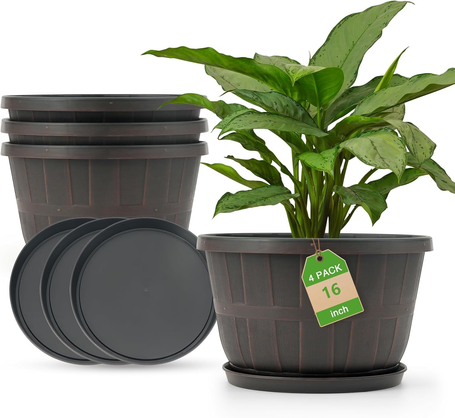 16 Inch Brown Classic Plastic Whiskey Barrel Planters Set of 4 with ...