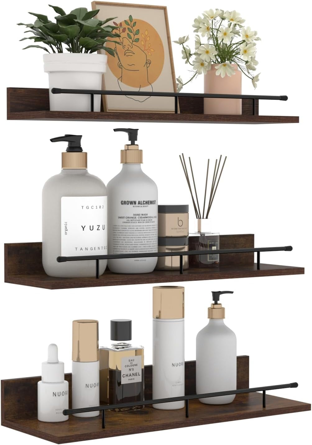 16 Inch Brown Floating Shelves with Black Metal Guardrail, Wood Shelves ...