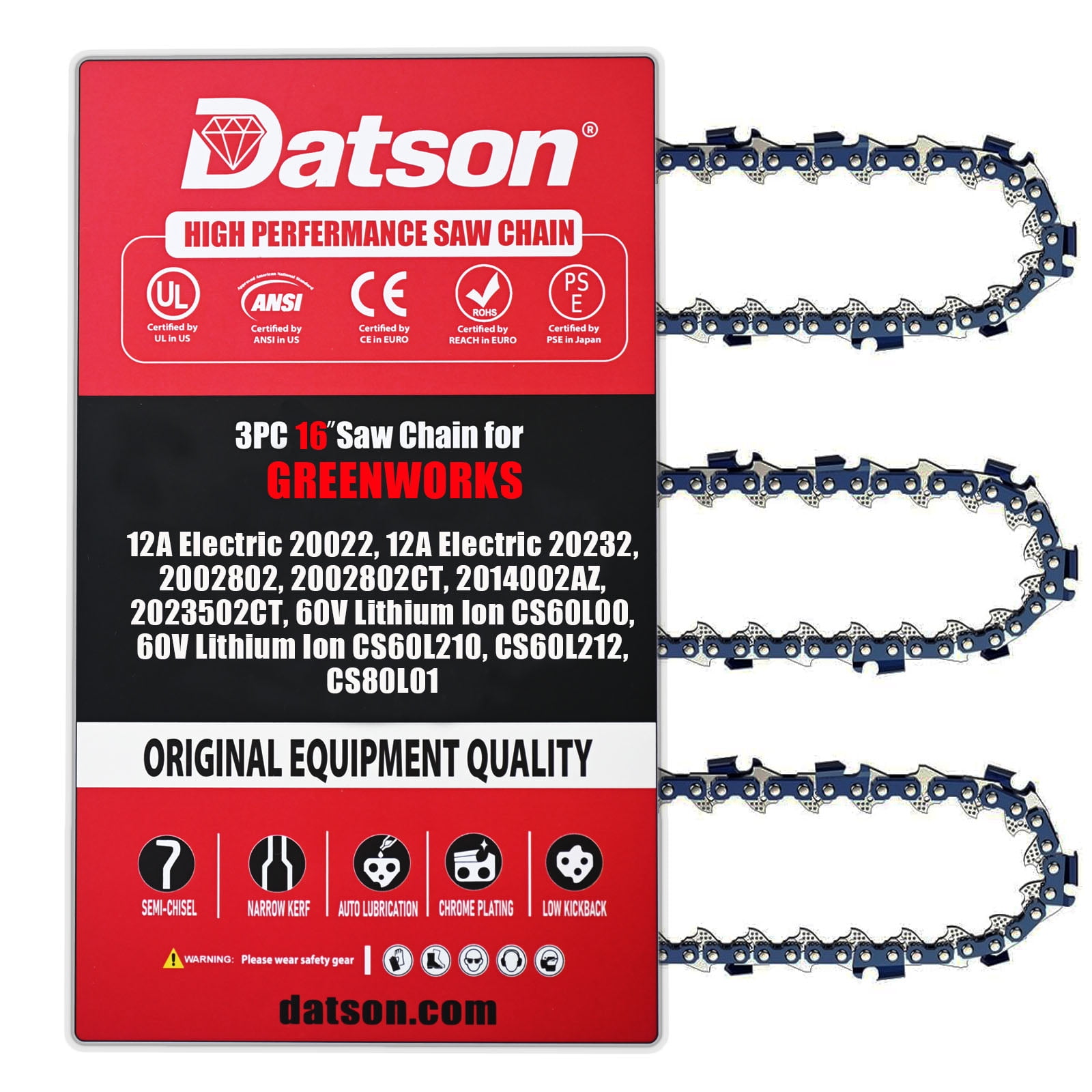 16 Inch Chainsaw Chain 3/8" LP Pitch .050" Gauge 56 Drive Links Fits For GREENWORK 12A Electric ...