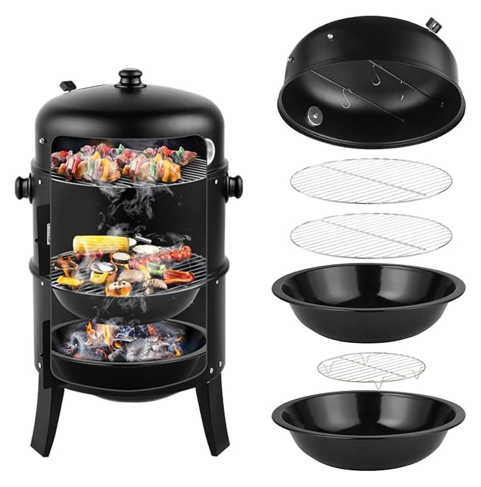 16 Inch Charcoal BBQ Smoker Grill,3-in-1 Portable Vertical Grill Cooker ...