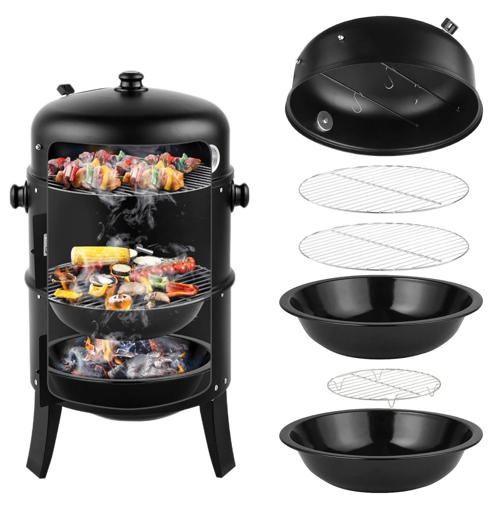 16 Inch Charcoal BBQ Smoker Grill,3-in-1 Portable Vertical Grill Cooker ...