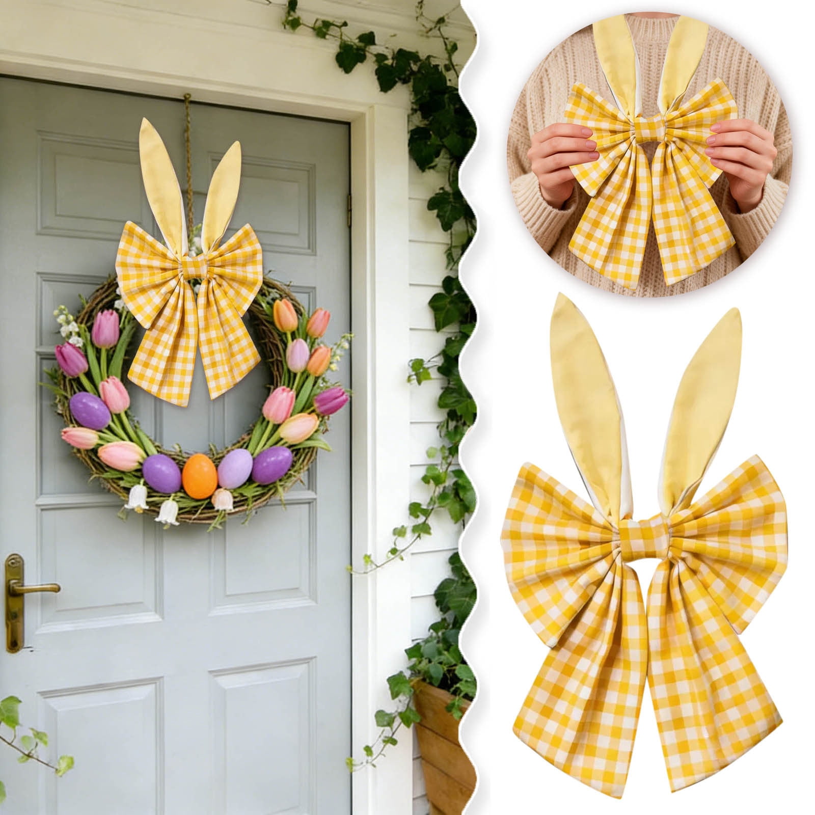 16 Inch Easter Bunny Ears Wreath Bow Rustic Buffalo Plaid Easter Bows ...