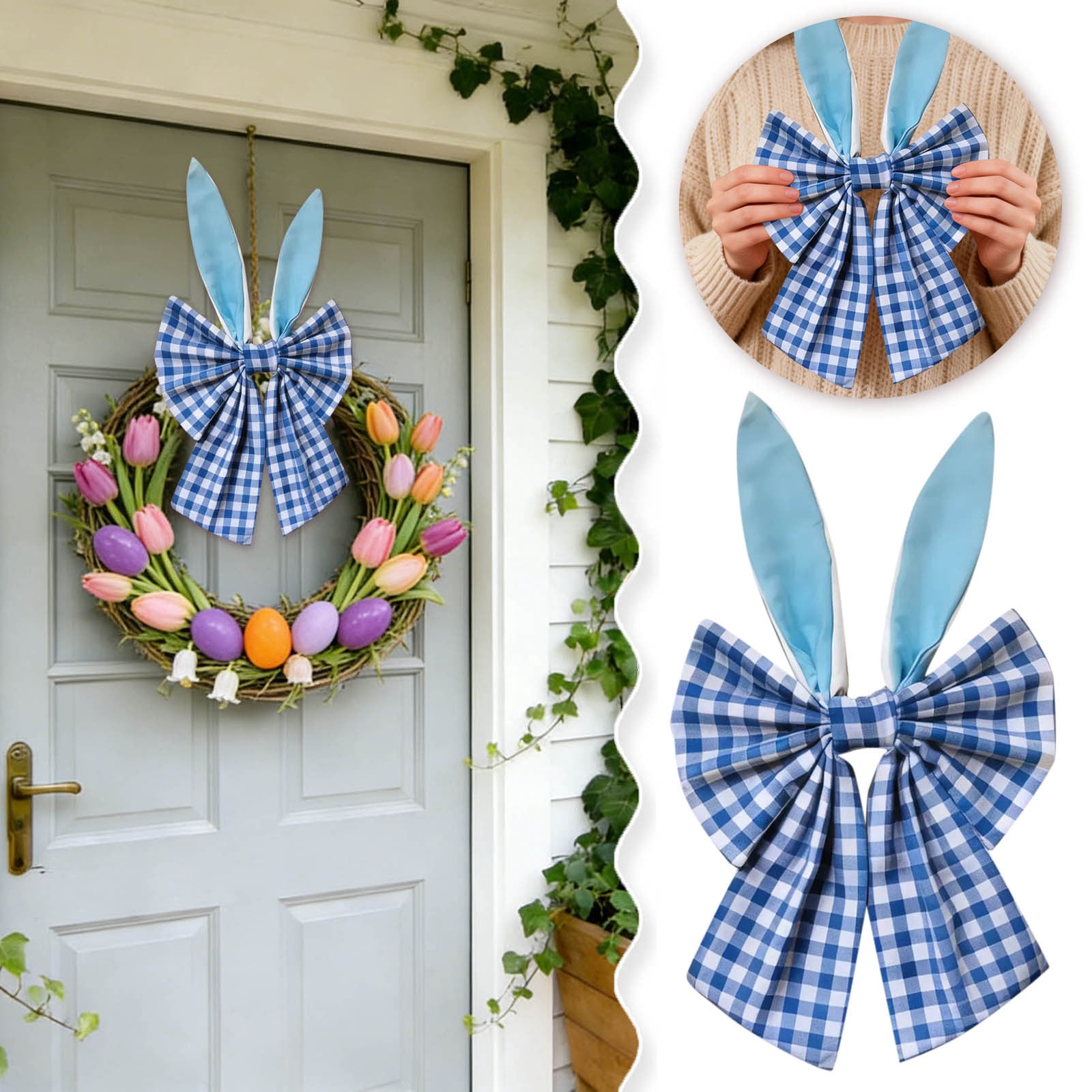 16 Inch Easter Bunny Ears Wreath Bow Rustic Buffalo Plaid Easter Bows ...
