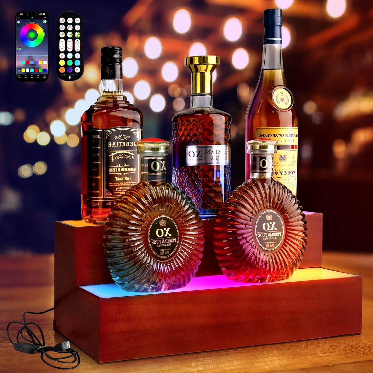 16 Inch LED Lighted Liquor Bottle Display Shelf, 2 Tier Bar Shelf for ...