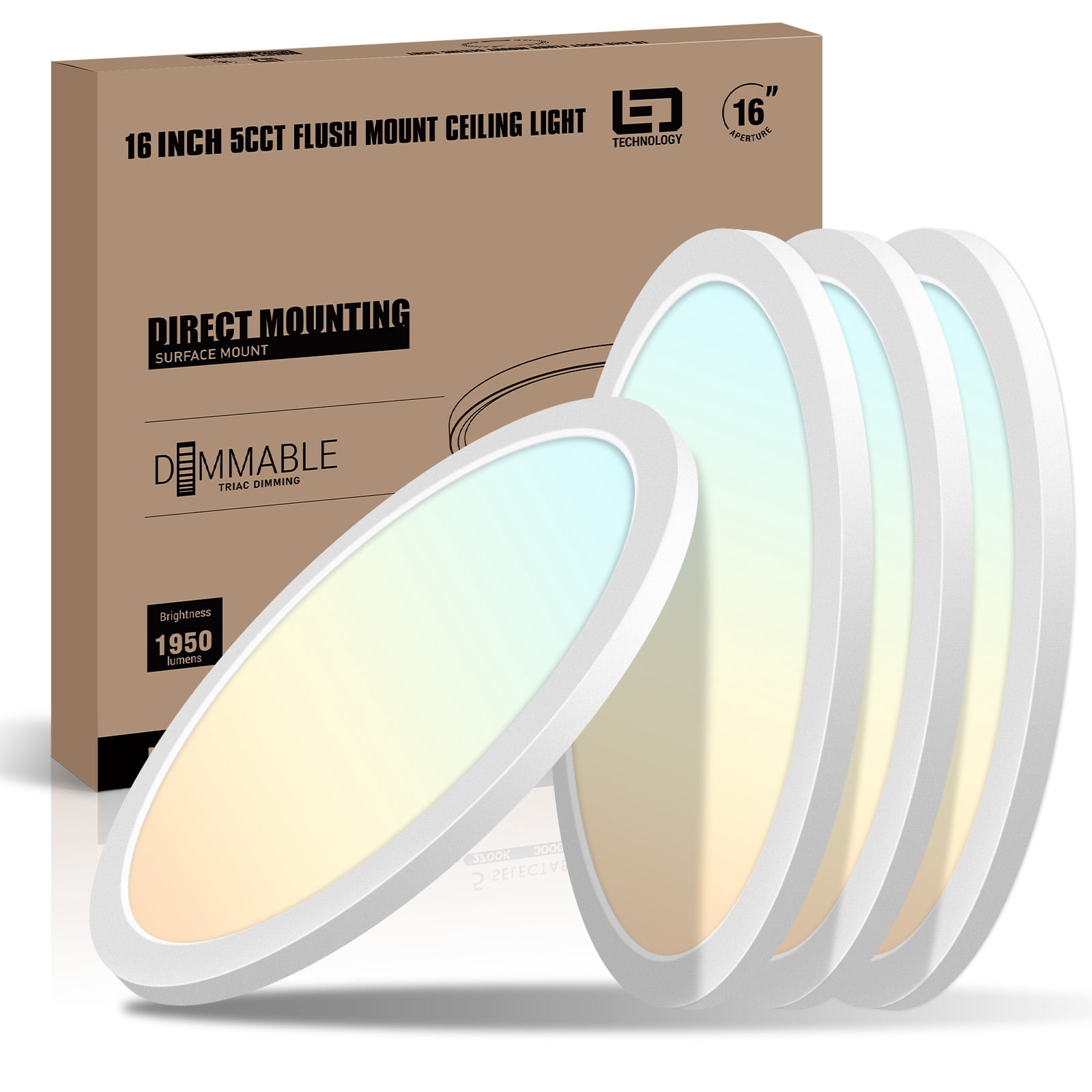 16 Inch LED Round Slim Flush Mount Ceiling Light, 30W, 5CCT, Dimmable ...