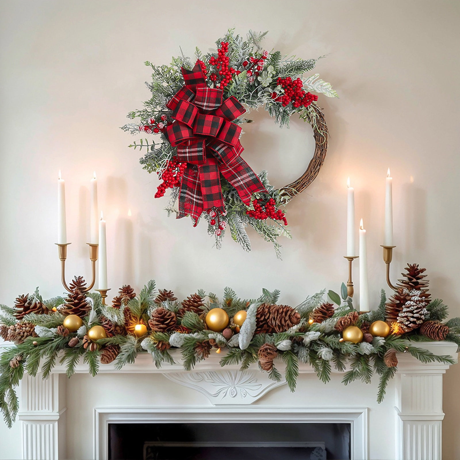 16 Inch Large Christmas Wreath, Artificial Pine Wreath with Red Berries ...