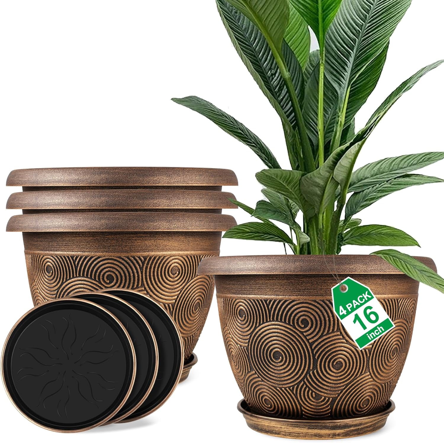16 Inch Large Planter Pot for Plants Indoor Outdoor, 4 Pack Plastic ...