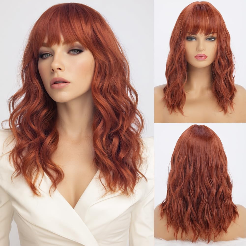 16 Inch Medium Length Copper Red Water Wave Wig With Bangs For Daily ...