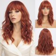 16 Inch Medium Length Copper Red Water Wave Wig With Bangs For Daily ...