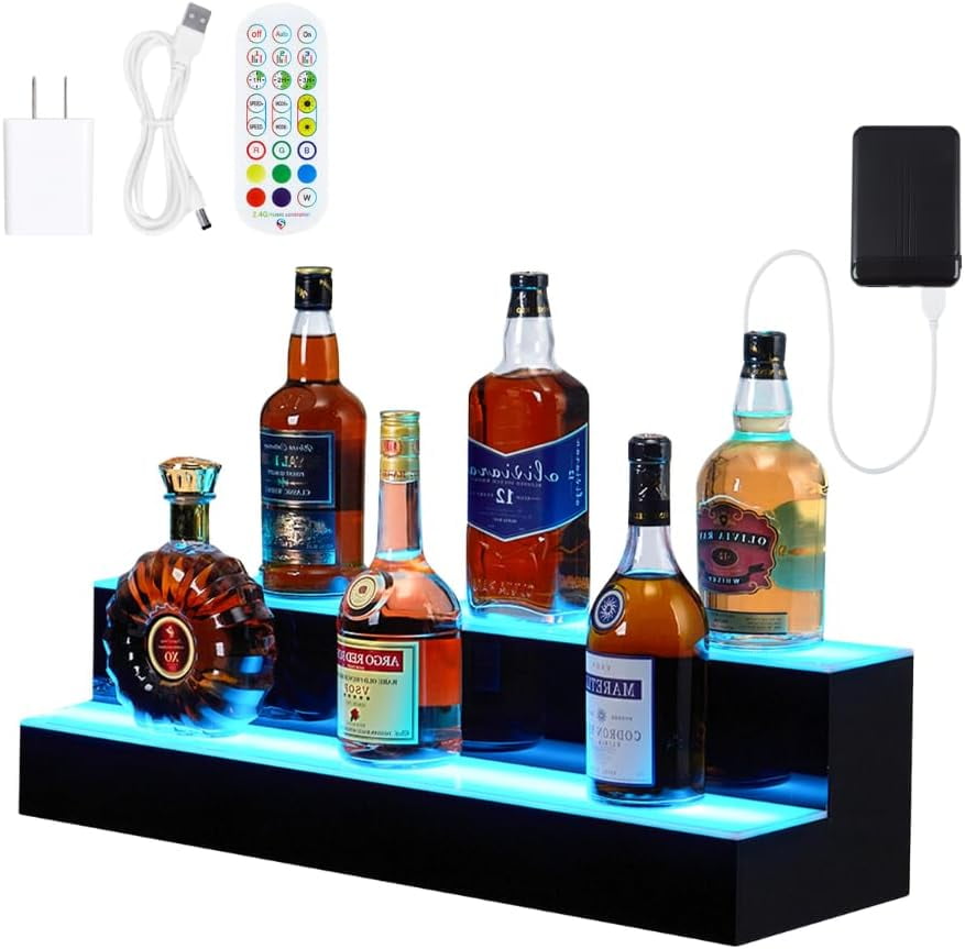 16 Inch Rectangular 2-Tier LED Lighted Liquor Bottle Display Shelf ...