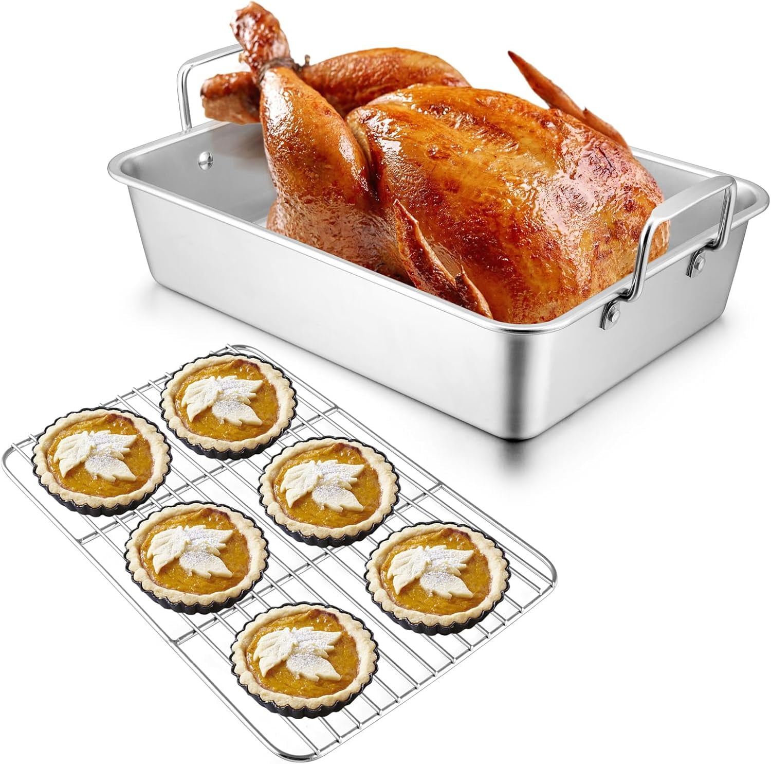 16 Inch Roasting Pan with Rack, Leonyo Turkey Roasting Pan, Stainless ...
