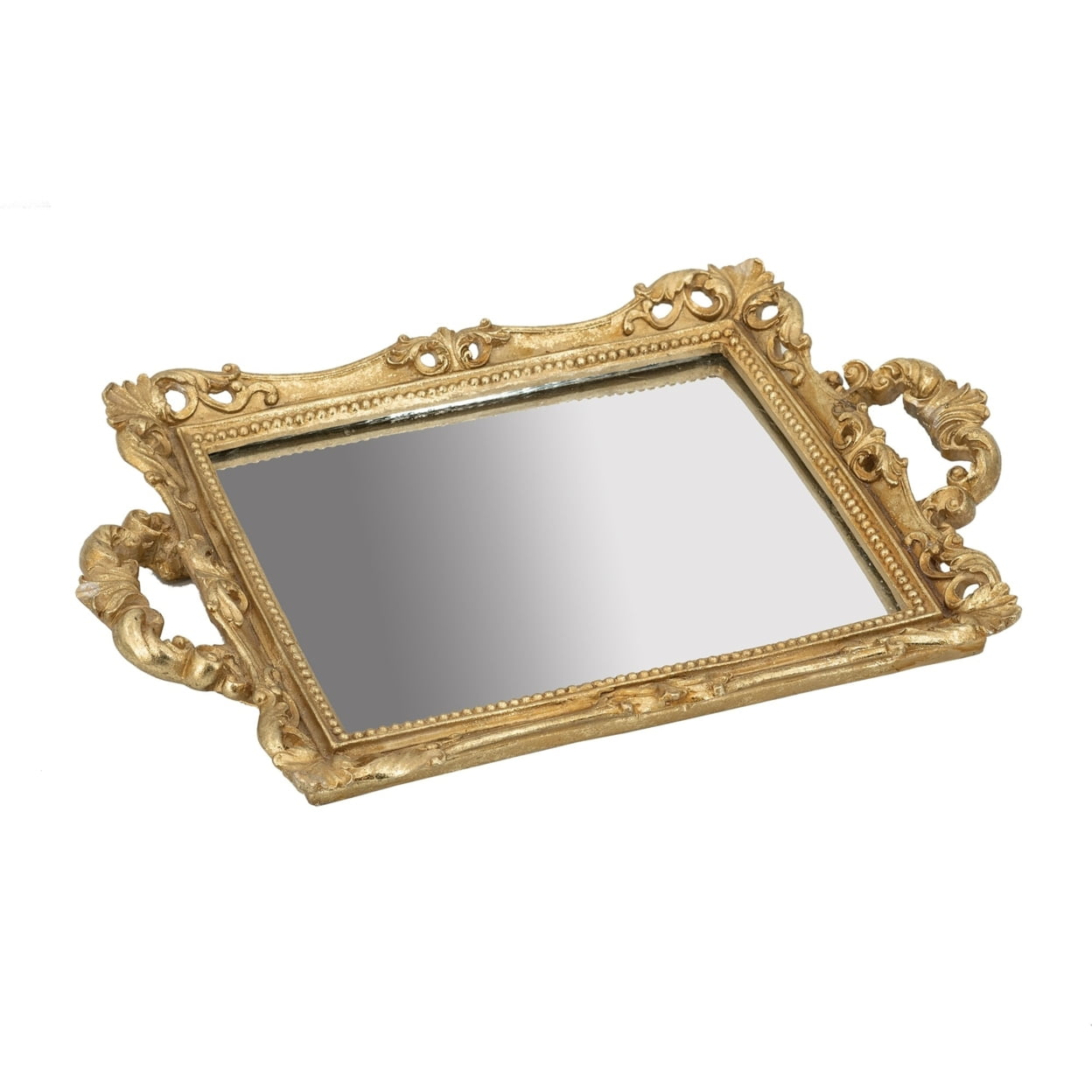 16 Inch Serving Tray, Decorative, Mirrored Bottom, Carved Gold Frame ...