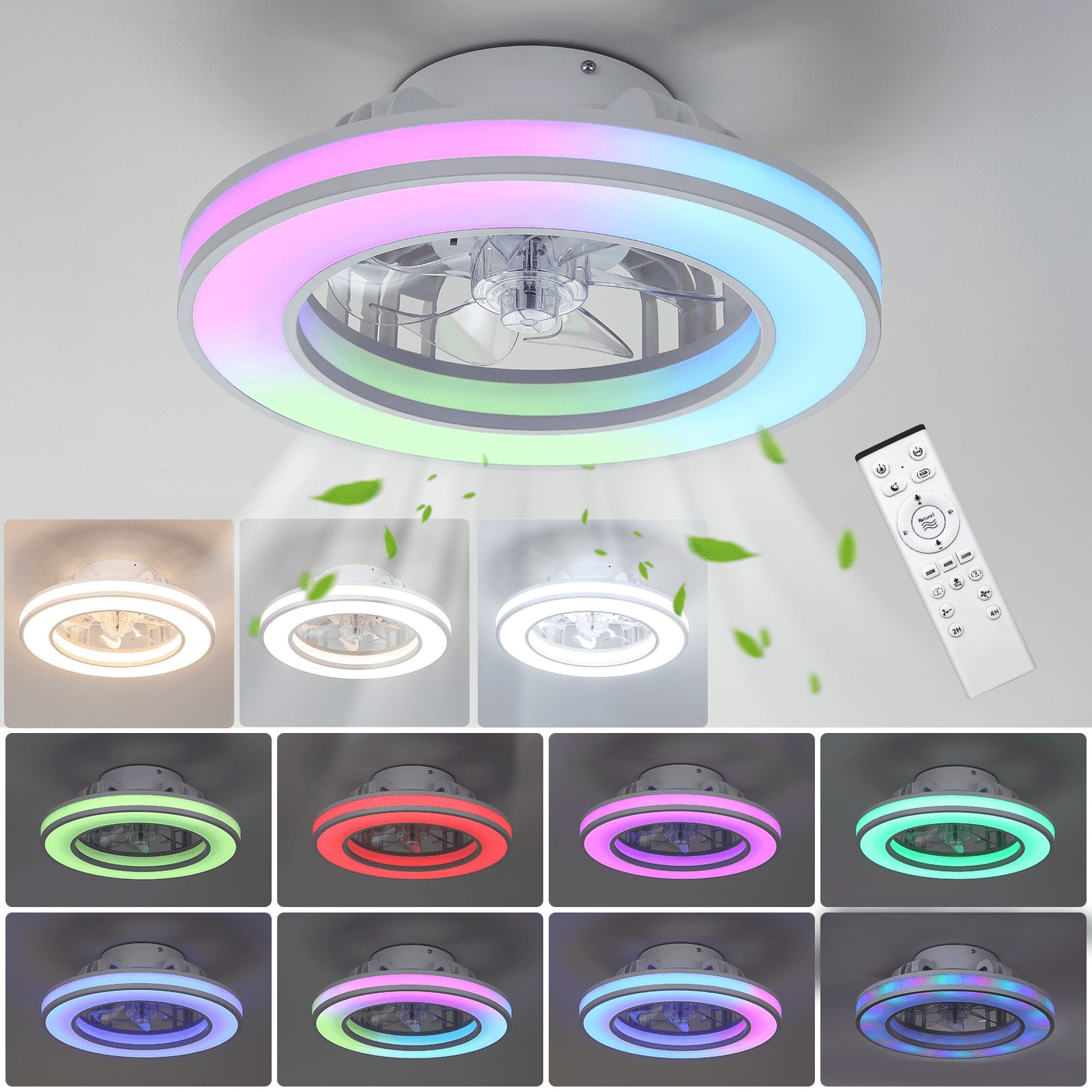 16 Inch Small Ceiling Fans With LED Lights And Remote,RGBW Multi-Color ...