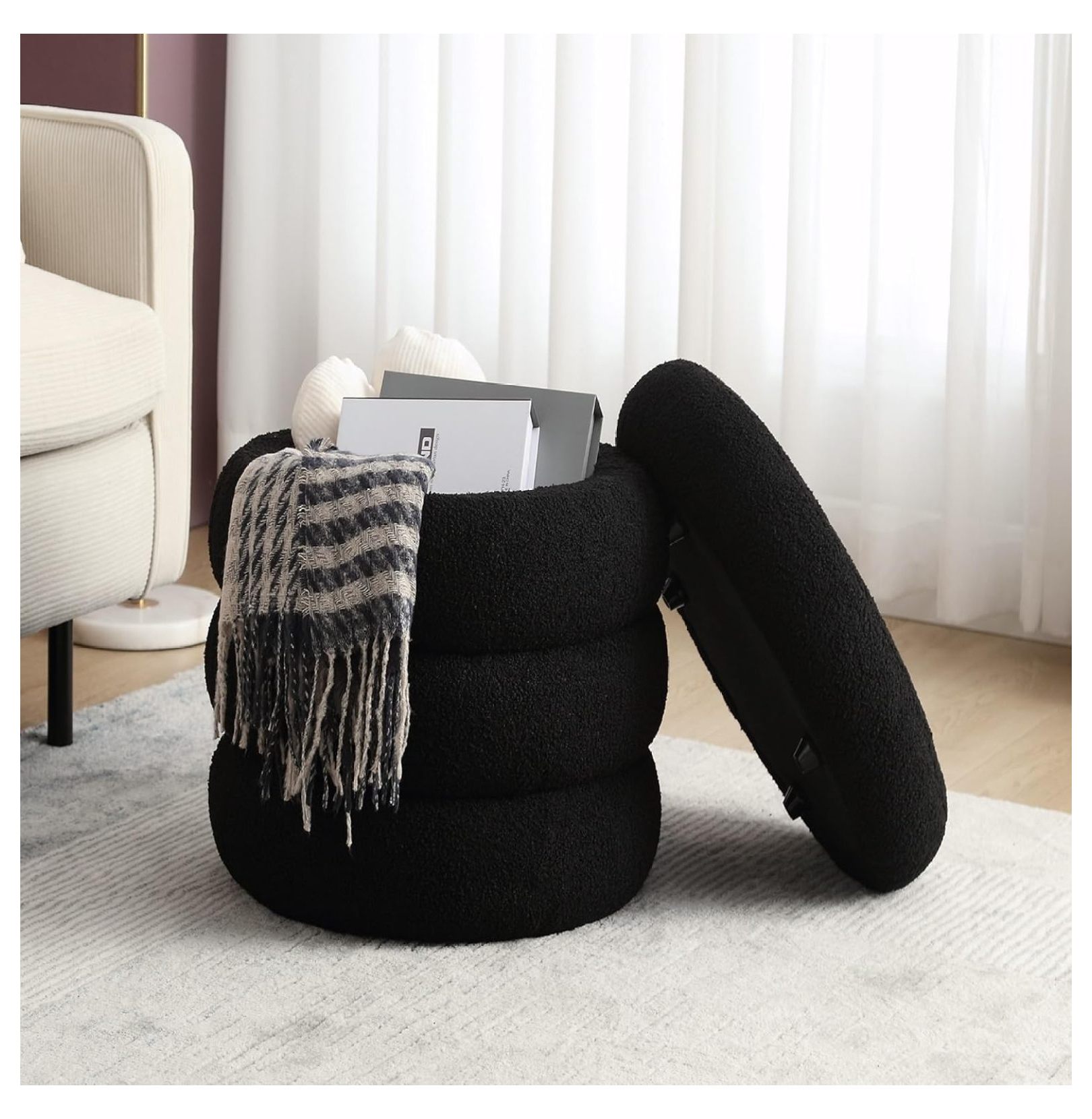 16 Inch Small Ottoman Foot Rest, Storage Ottoman for Toys, Black Vanity ...