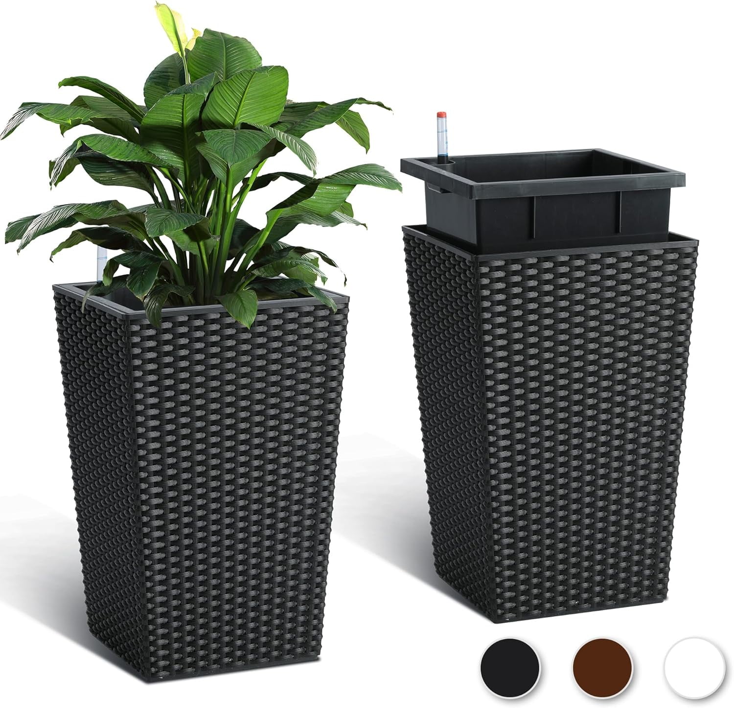16 Inch Tall Planter Set of 2 Large Rattan Flower Pot with 2 Trays & a ...