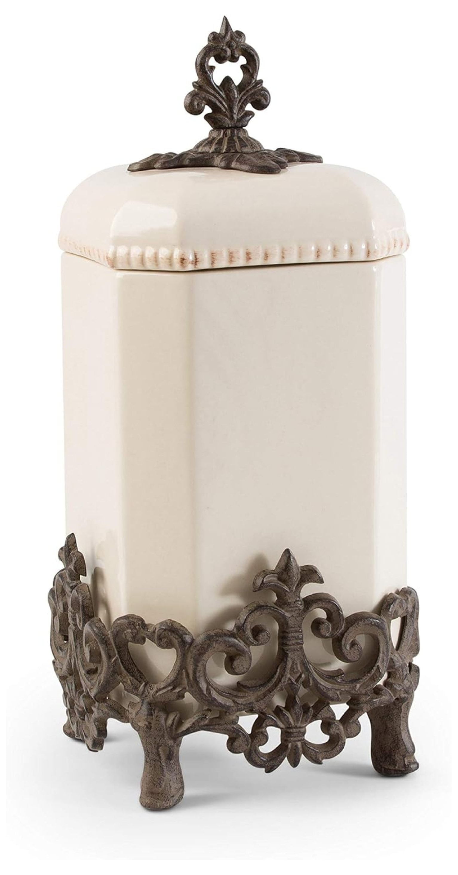 16-Inch Tall Provencial Cream Canister with Brown Metal Scrolled Base