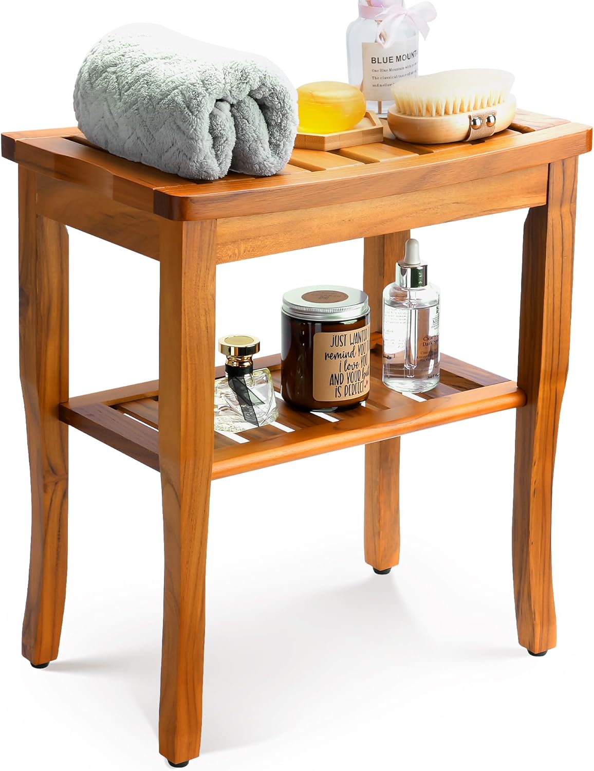 16 Inch Teak Shower Bench Stool with Storage Shelf, Waterproof Teak Spa ...