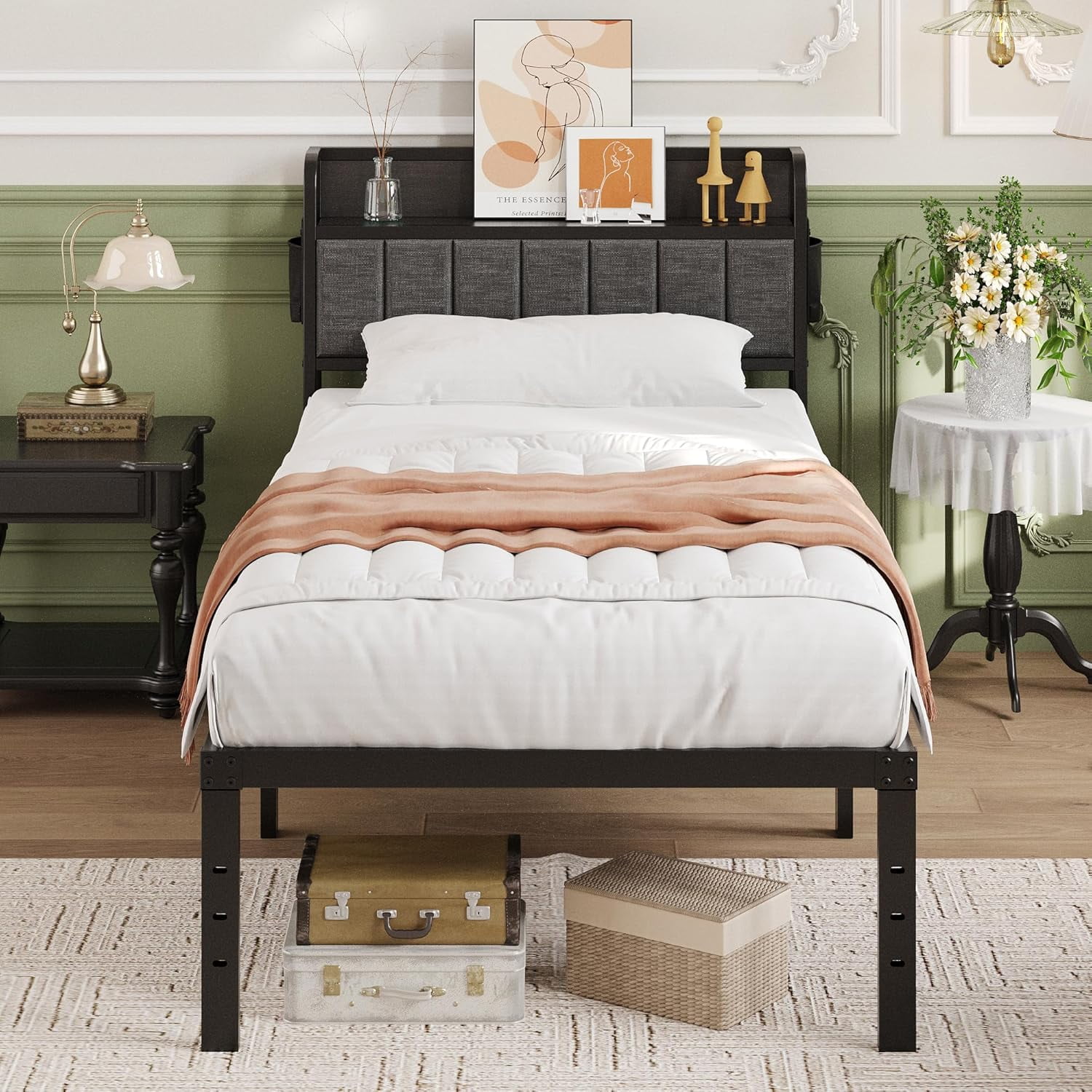 16 Inch Twin XL Bed Frames with Upholstered Storage Headboard, Heavy ...