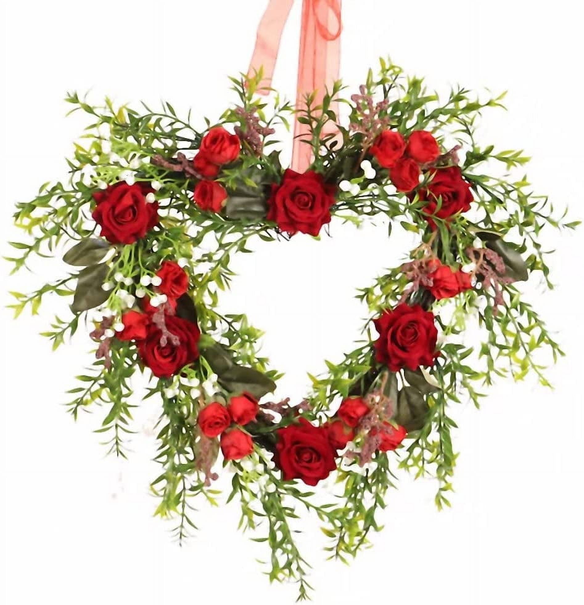 16 Inch Valentine's Day Wreath for Front Door Heart-Shaped Artificial ...