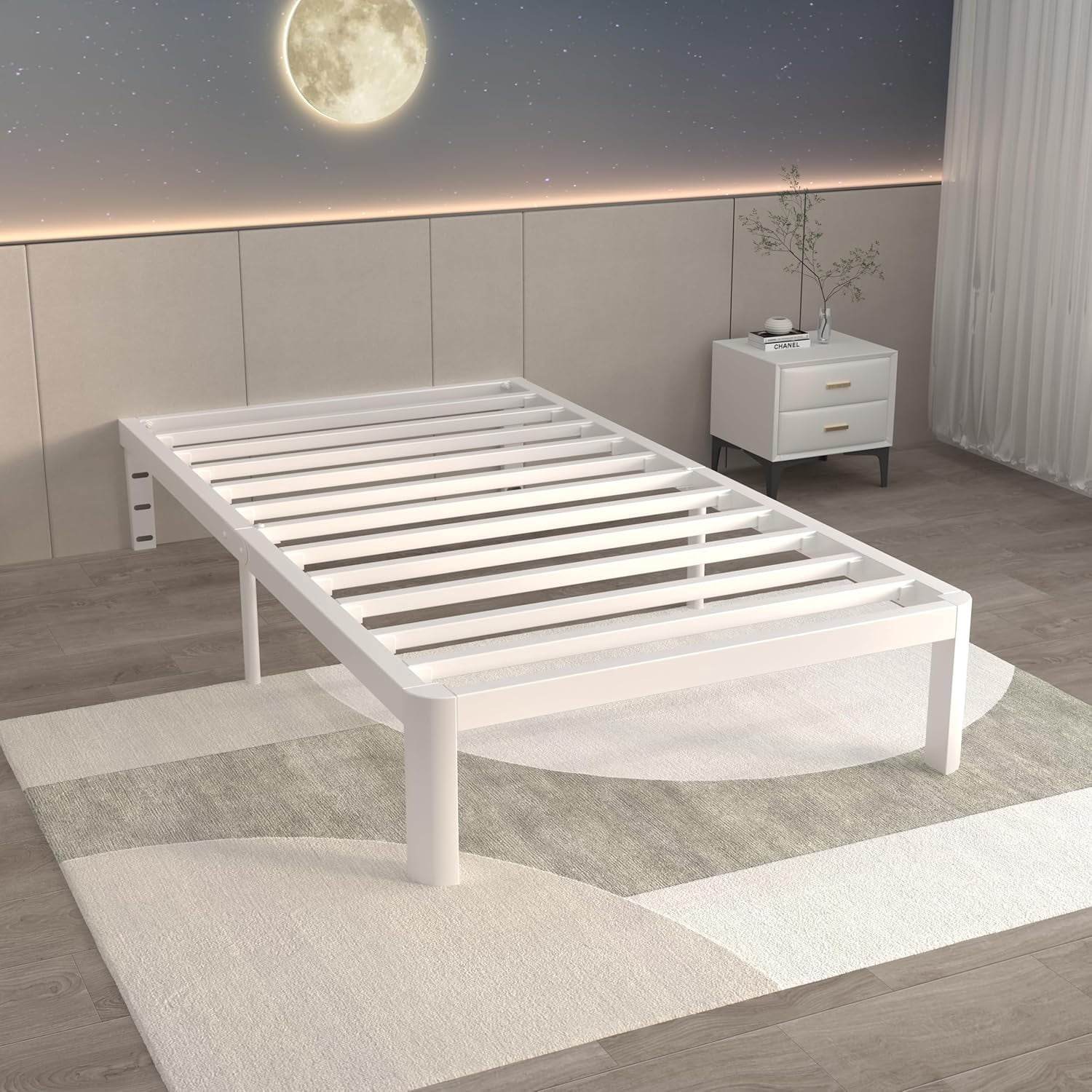 16 Inch White Bed Frame King Size with Round Corner Legs, Metal ...