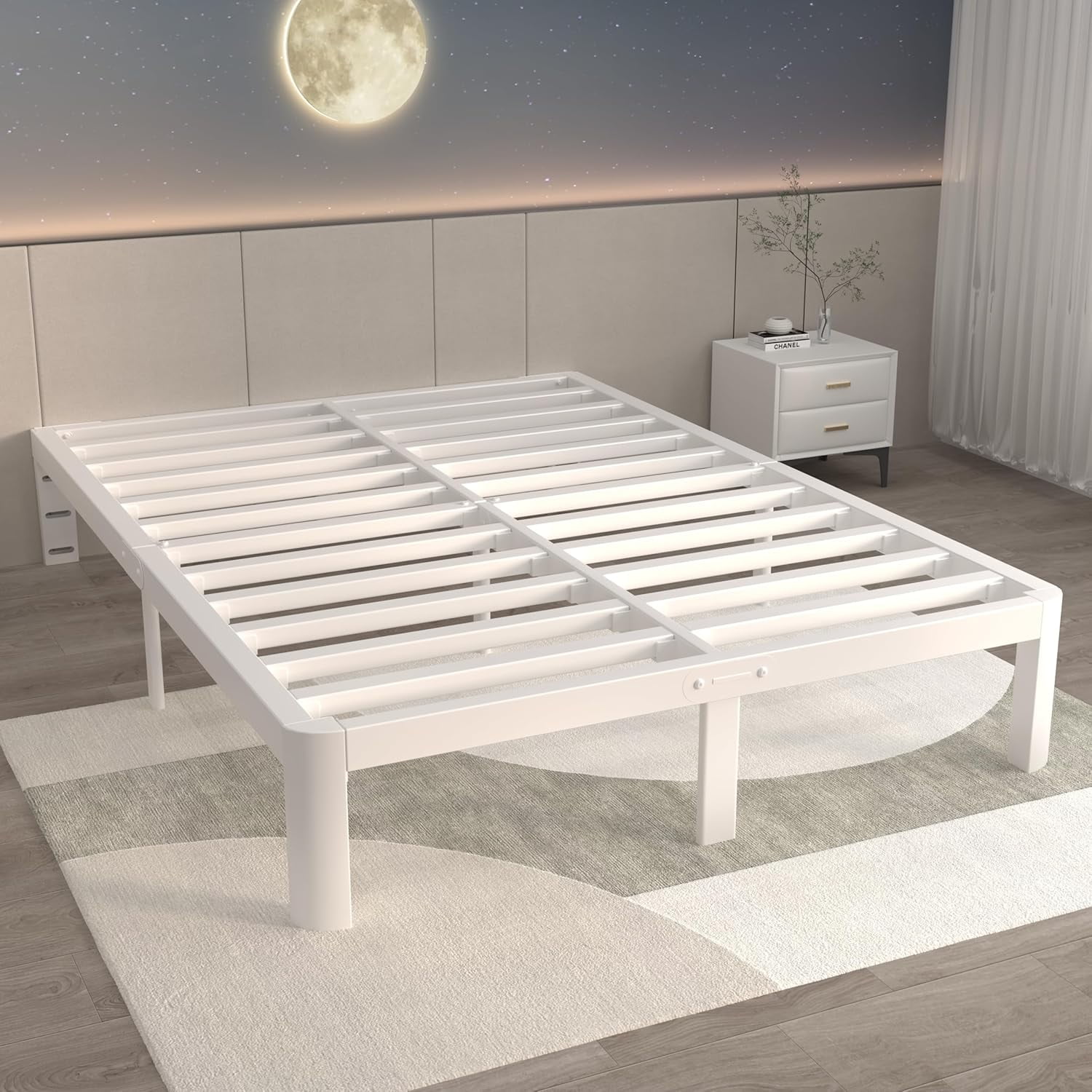 16 Inch White Bed Frame King Size with Round Corner Legs, Metal ...