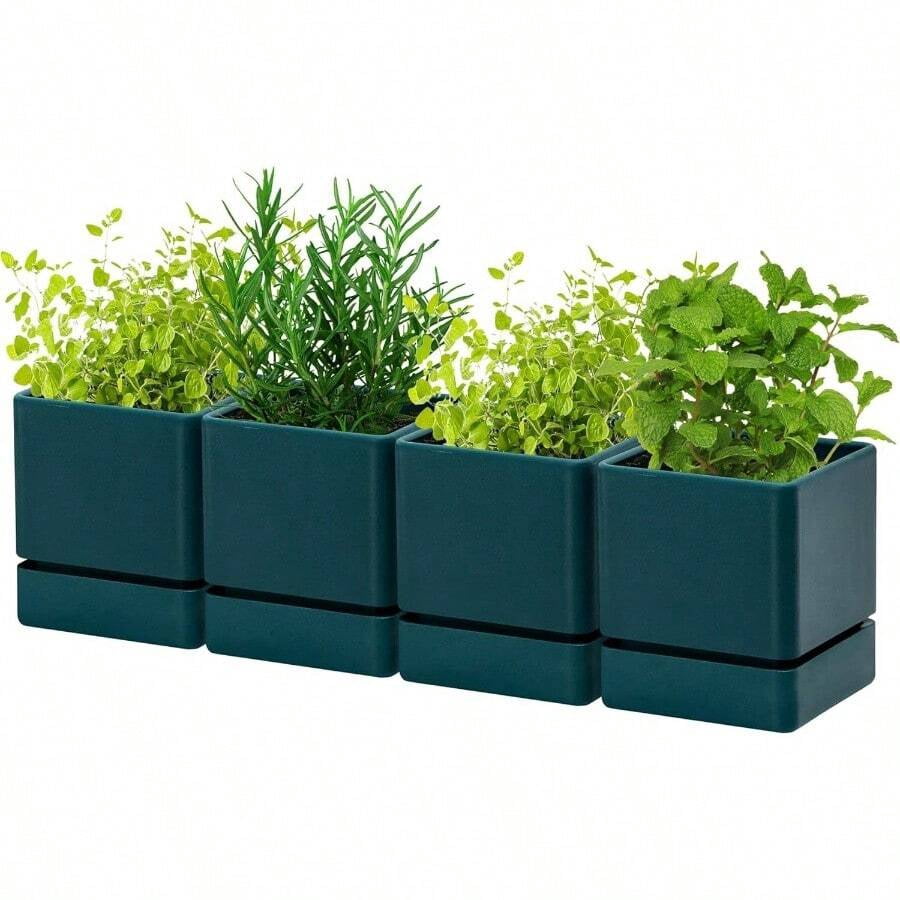 16 Inch X 4.5 Inch Deep Green Square Plastic Herb Planter Set With ...