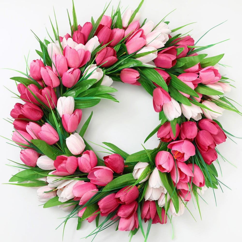 16 Inches Artificial Tulip Wreaths Pink and White Tulip Flower Door ...