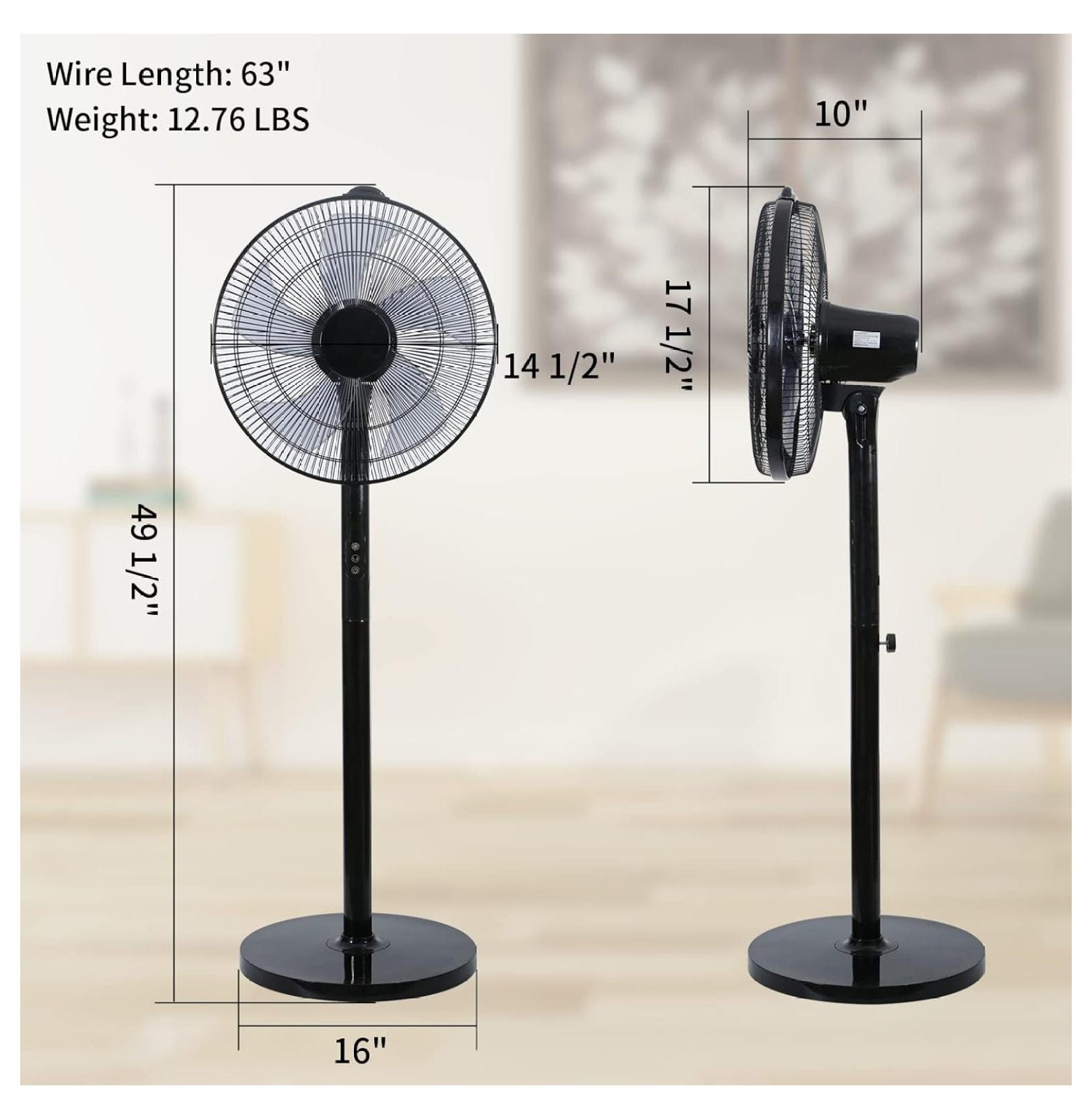 16 Inches Stand Fan with Pedestal Base, Height Adjustable Pedestal Fan ...