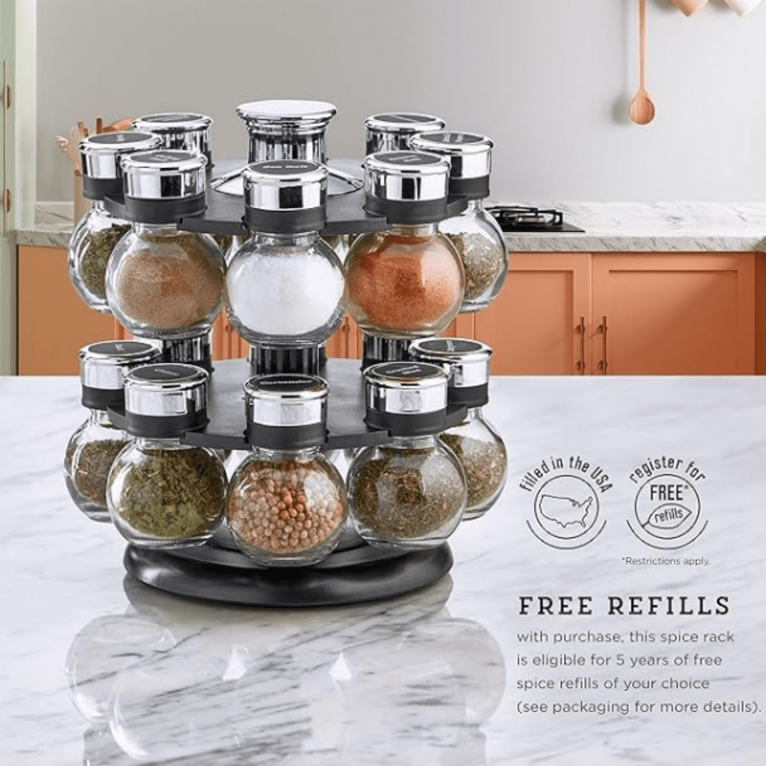 16 Jar Revolving Countertop Spice Rack with Lift & Pour Caps and Spices ...