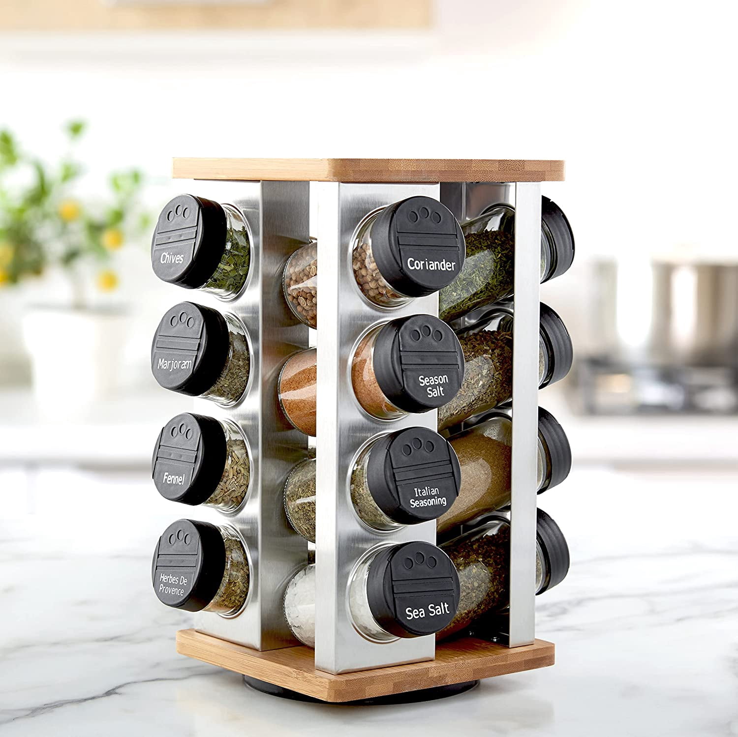 16-Jar Warner Revolving Spice Rack – Stainless Steel & Bamboo with Lift ...